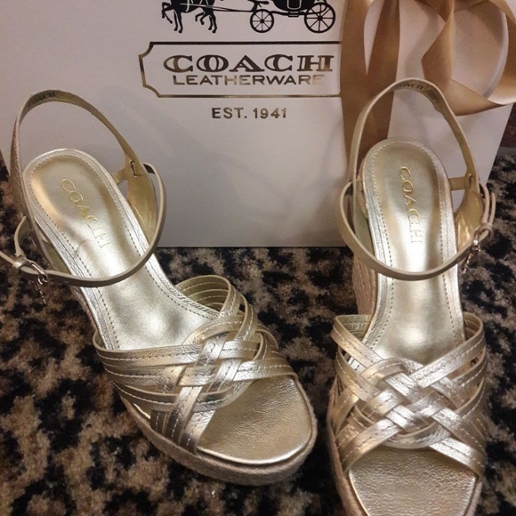 Coach | Shoes | Coach Metallic Gold High Heel Wedge Sandal Dottie ...